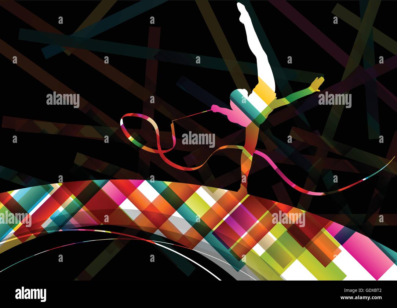 Dancing carnival woman with ribbon silhouette in abstract circus color ...