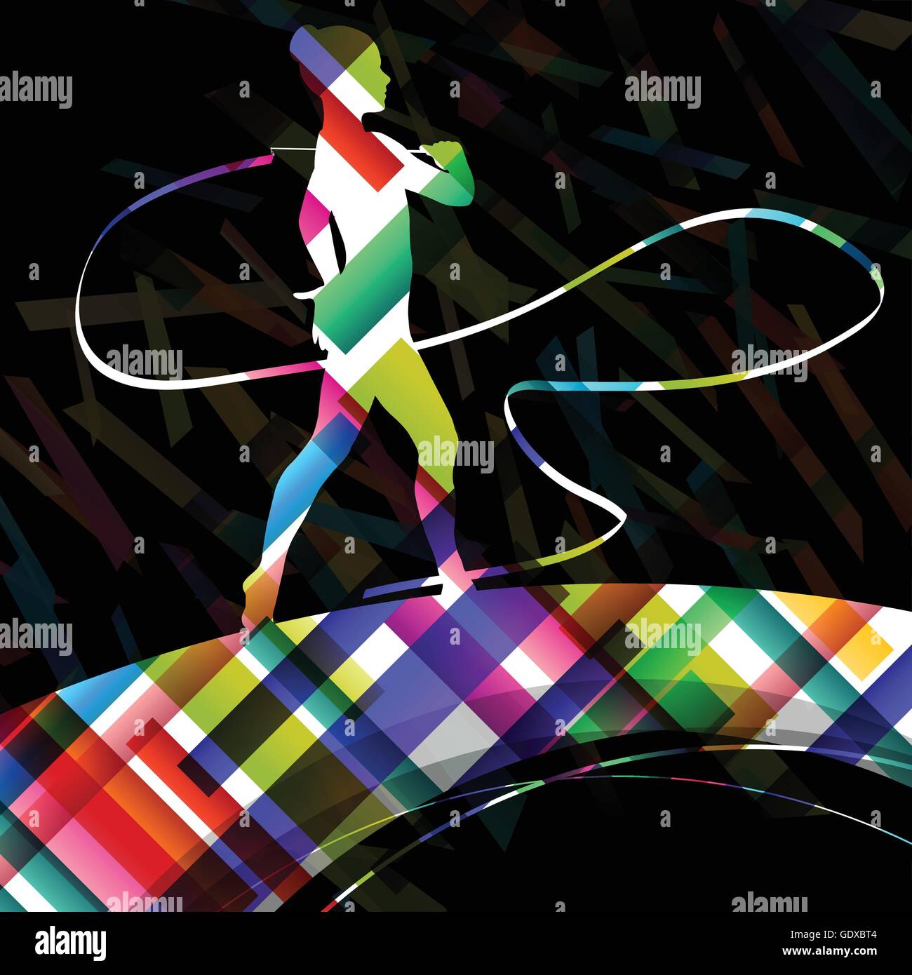 Dancing carnival woman with ribbon silhouette in abstract circus color ...