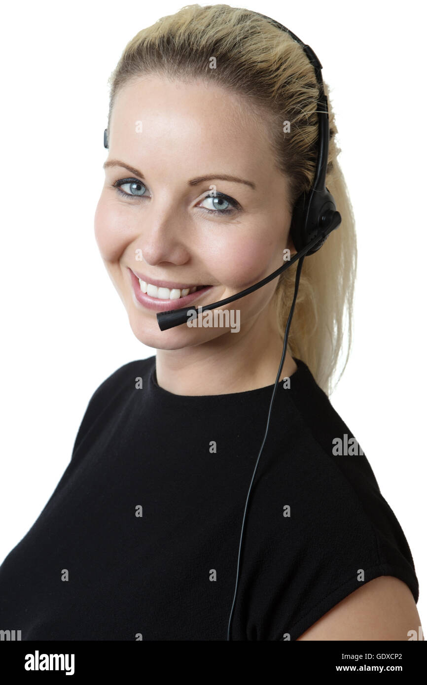 happy business woman taking on the phone using a head set Stock Photo ...