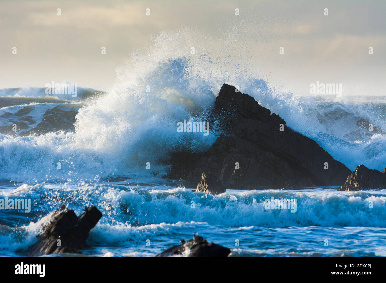 Wave crashing over a rock at Welcombe Mouth, Cornwall, England Stock ...