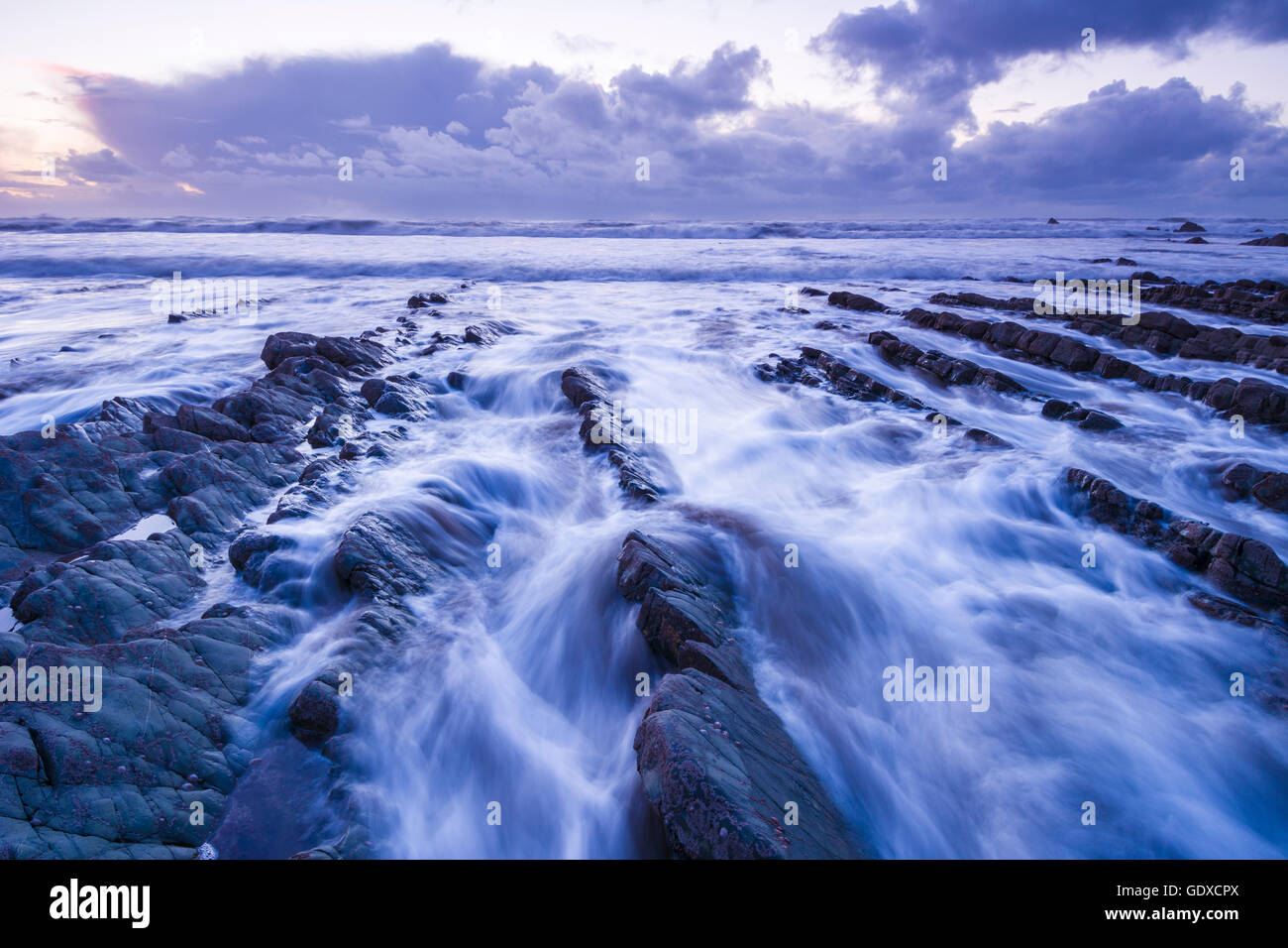 Incoming tide at dusk at Welcombe Mouth, North Devon, England Stock ...