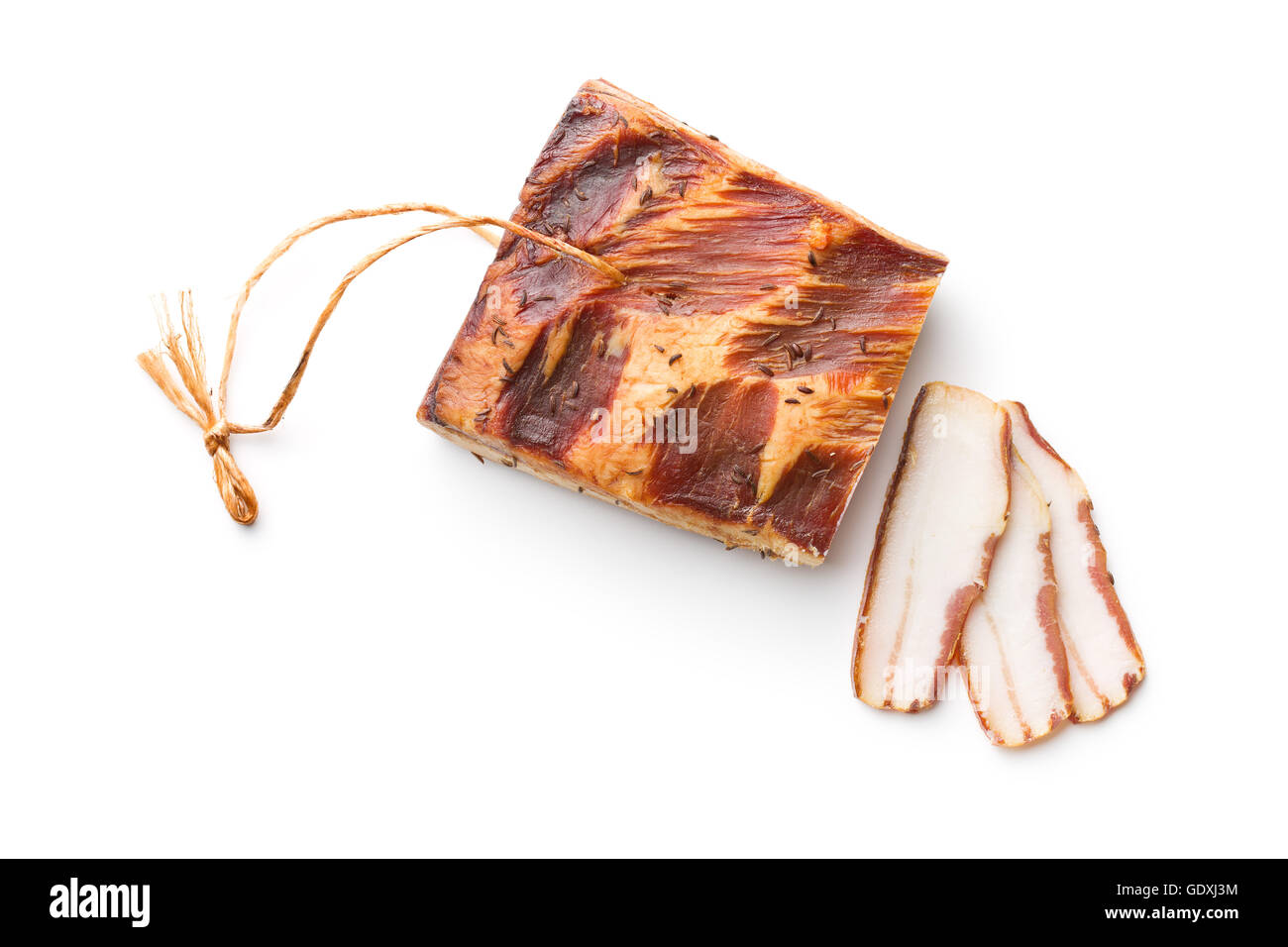 Sliced smoked bacon isolated on white background Stock Photo - Alamy