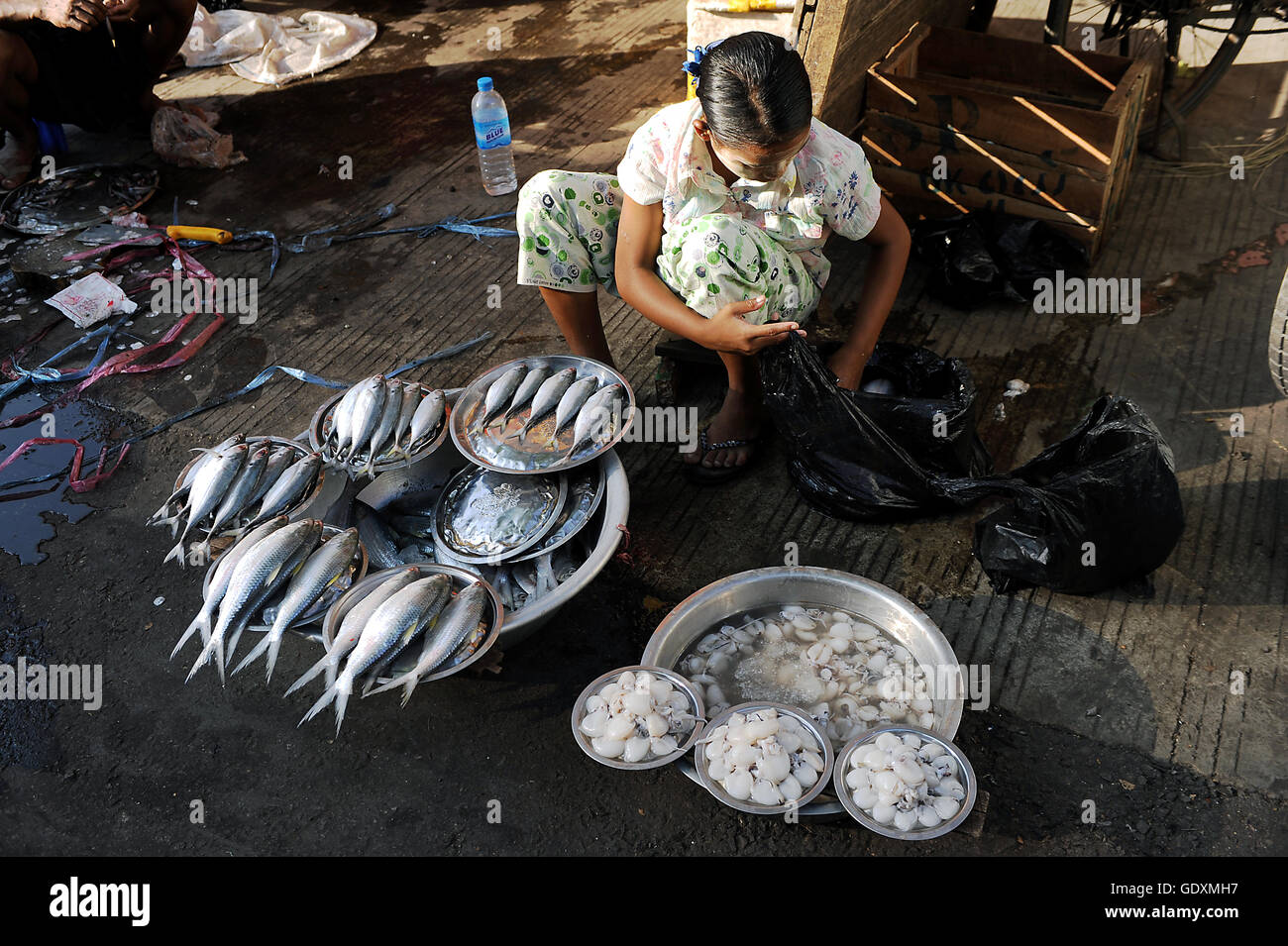 Fish vendor in Yangon Stock Photo - Alamy