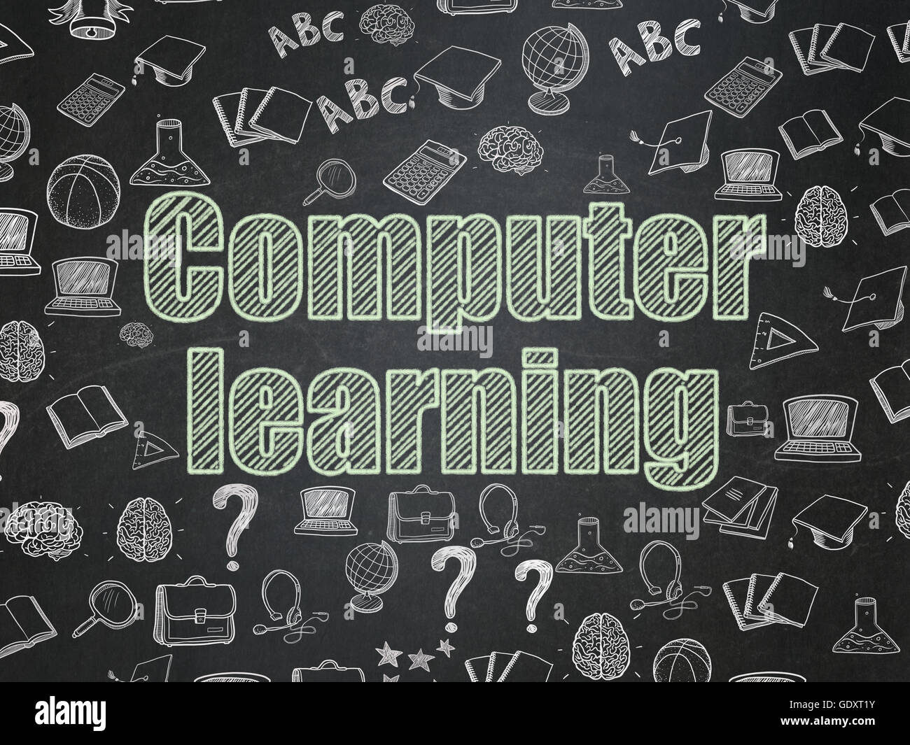 Studying concept: Computer Learning on School board background Stock ...