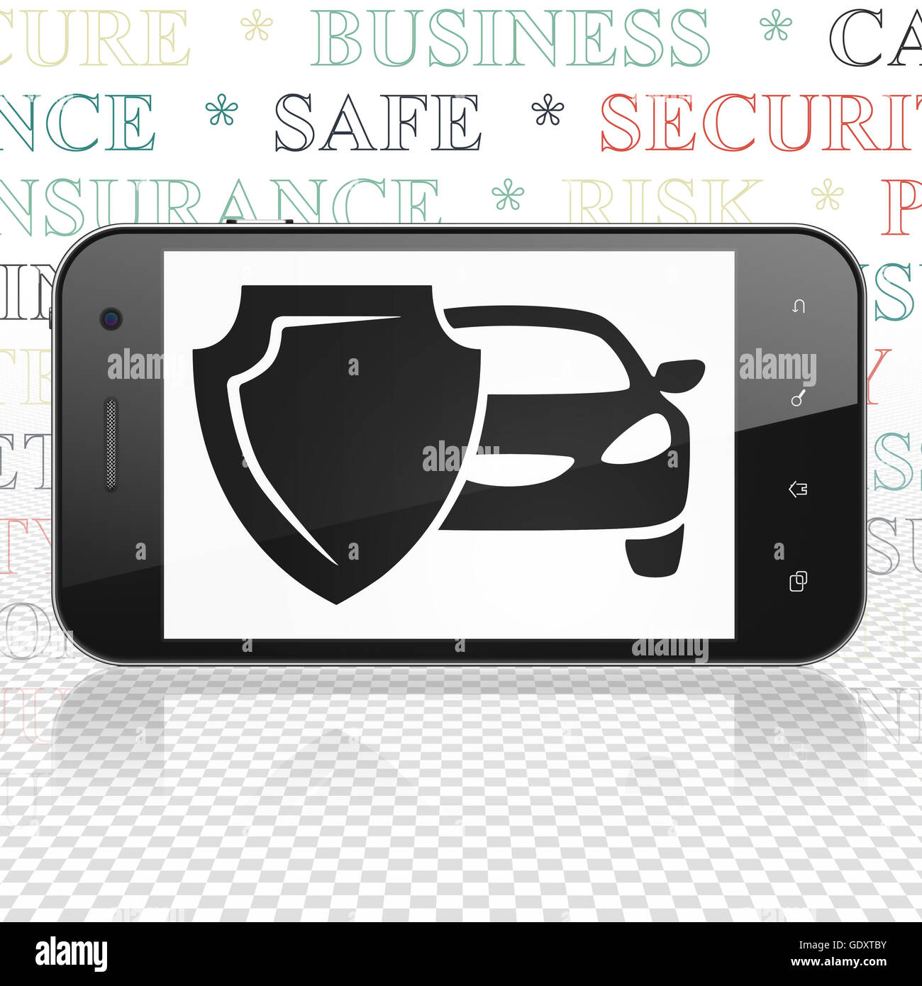 Insurance concept: Smartphone with Car And Shield on display Stock ...