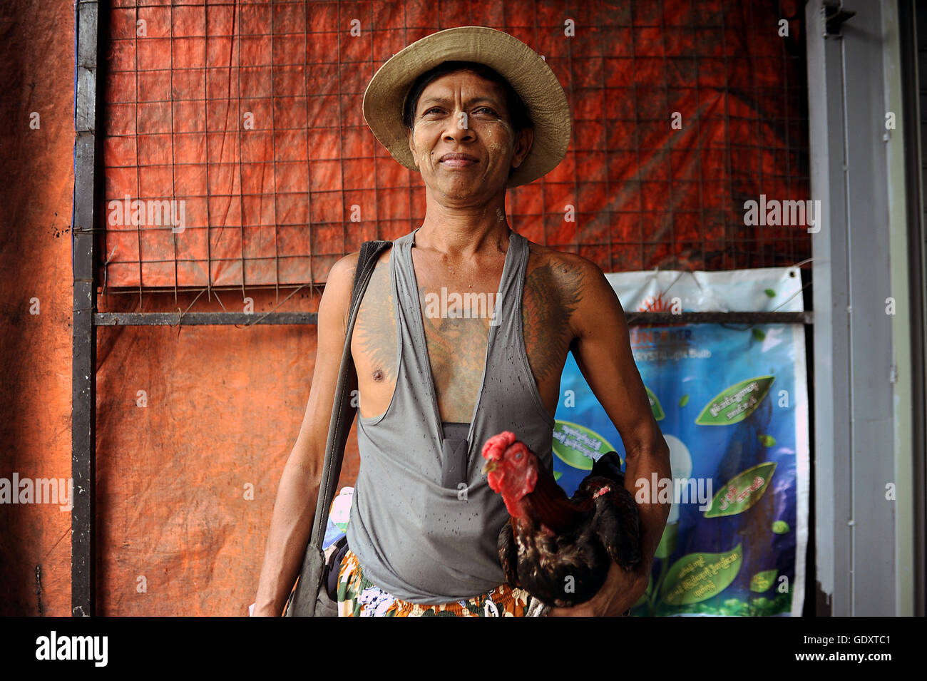 MYANMAR. Yangon. 2014. Man with rooster Stock Photo - Alamy