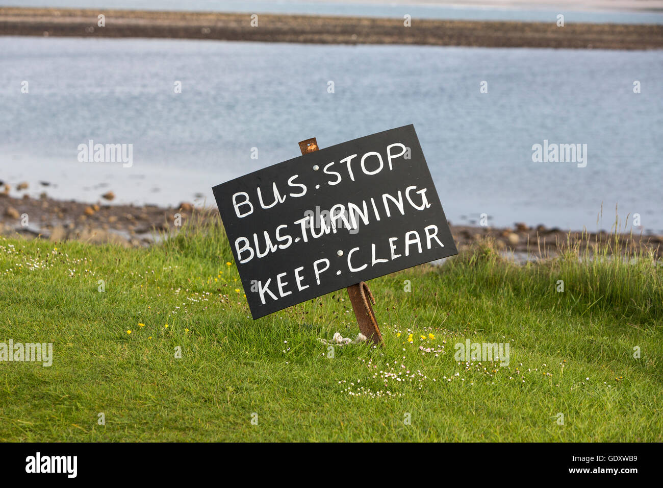 Rudimentary Bus Stop Bus Turning keep clear sing in The Holy Island of ...