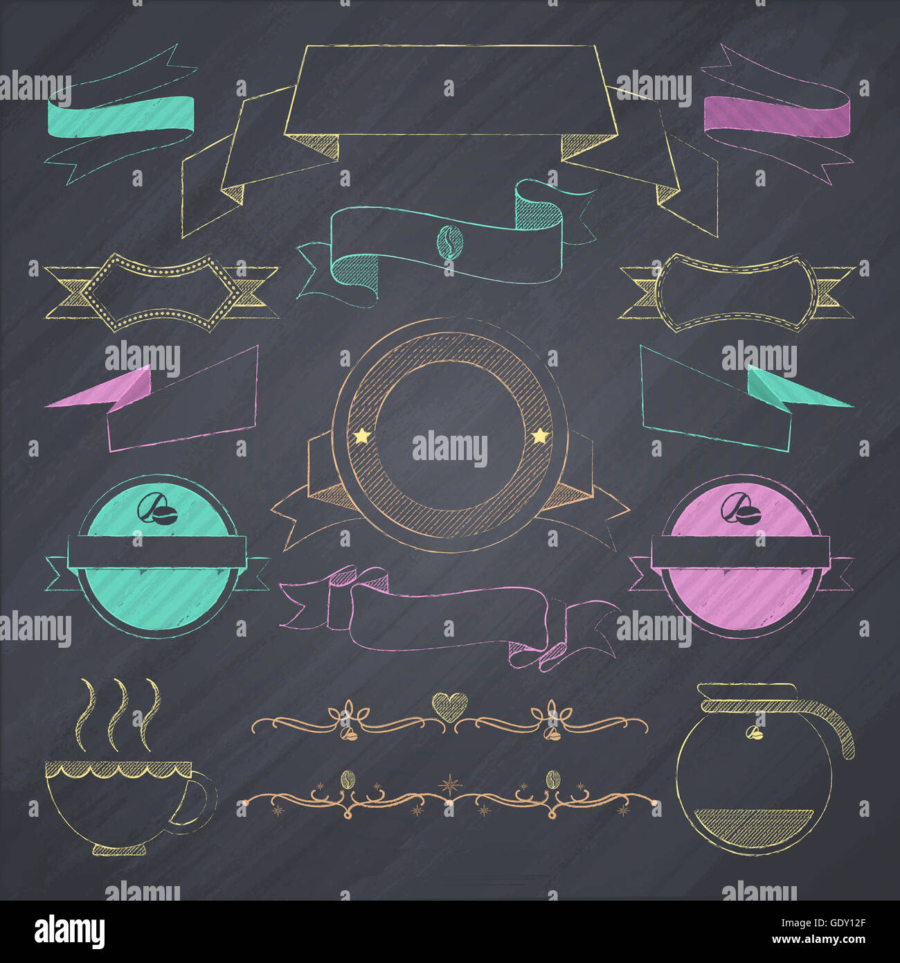 Chalk drawing of various emblem labels Stock Photo - Alamy
