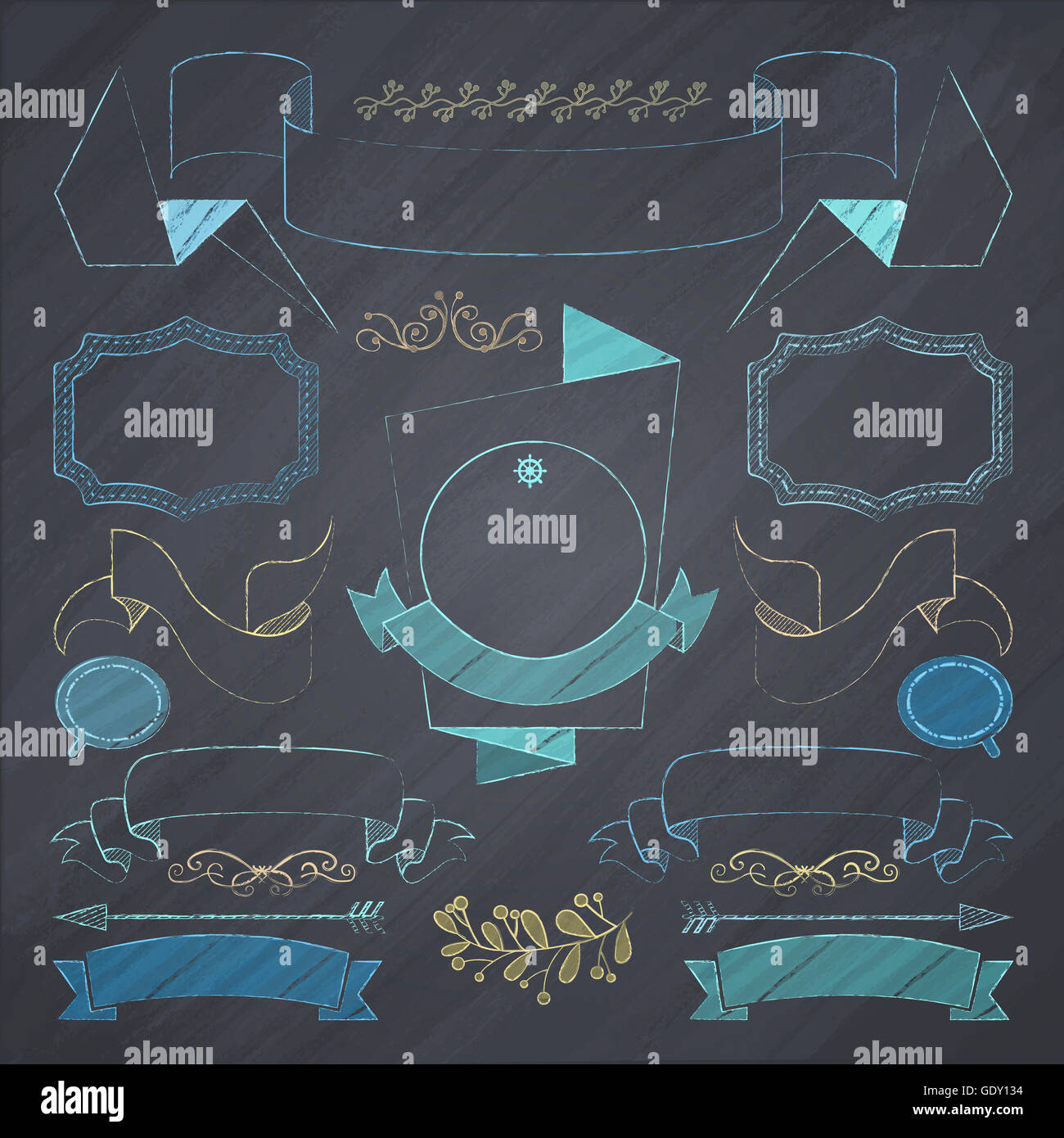 Various chalk drawing labels on blackboard Stock Photo - Alamy
