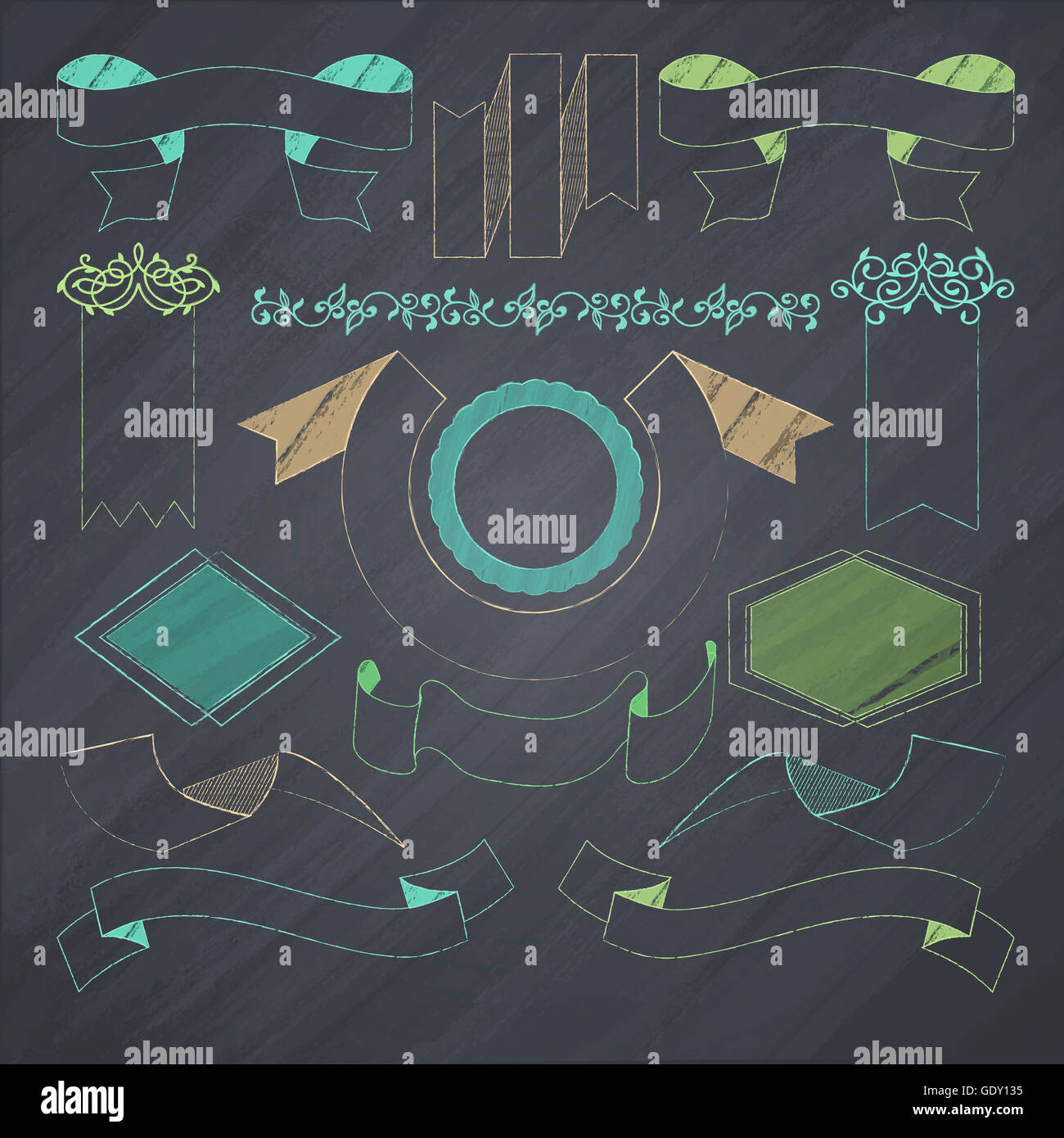 Various chalk drawing labels on blackboard Stock Photo - Alamy