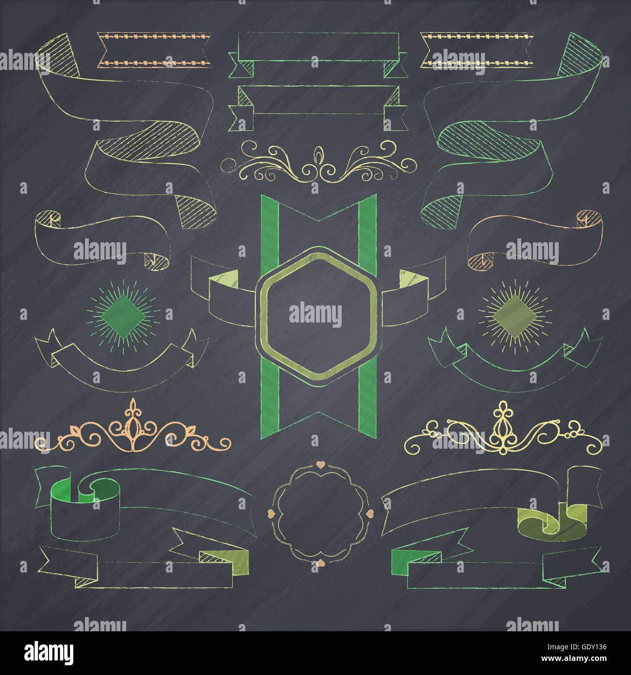 Various chalk drawing labels on blackboard Stock Photo - Alamy