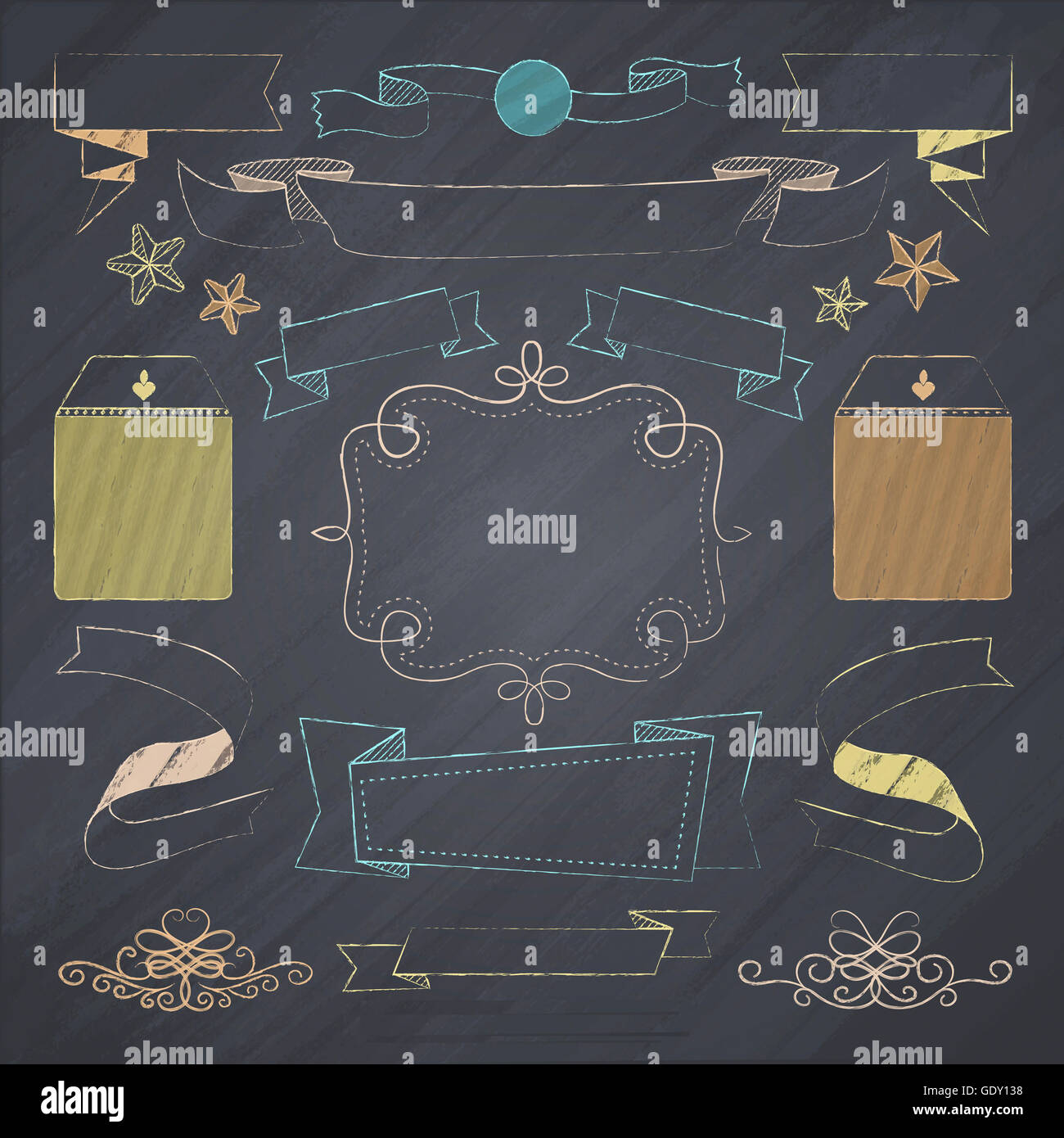 Various chalk drawing labels on blackboard Stock Photo - Alamy