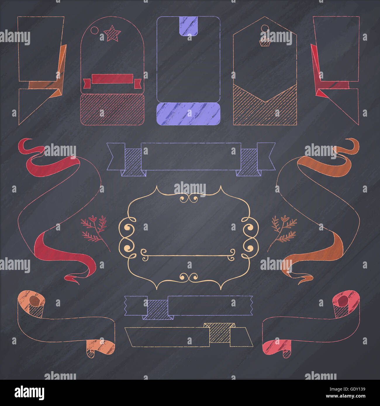 Various chalk drawing labels on blackboard Stock Photo - Alamy