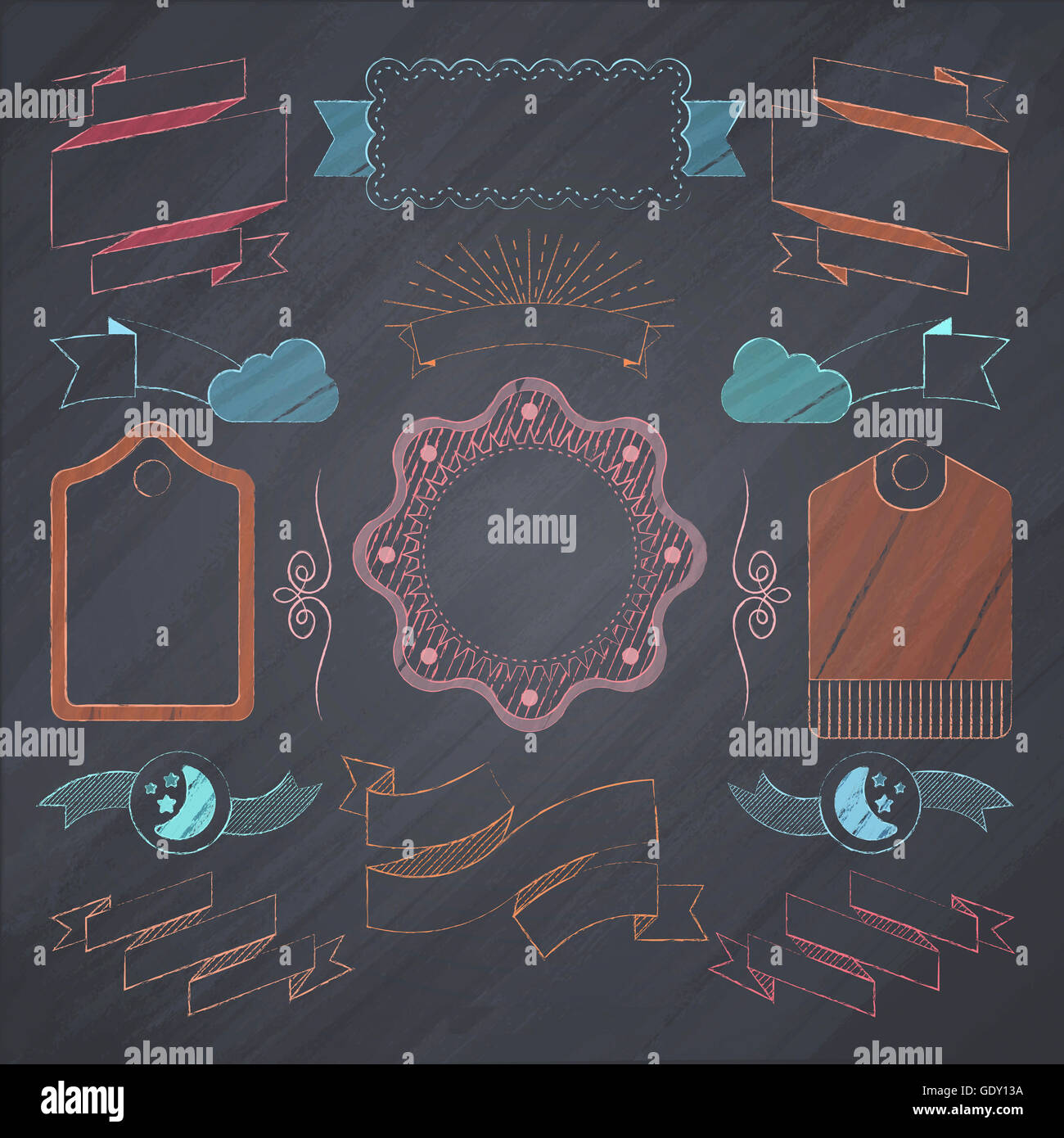 Various chalk drawing labels on blackboard Stock Photo - Alamy