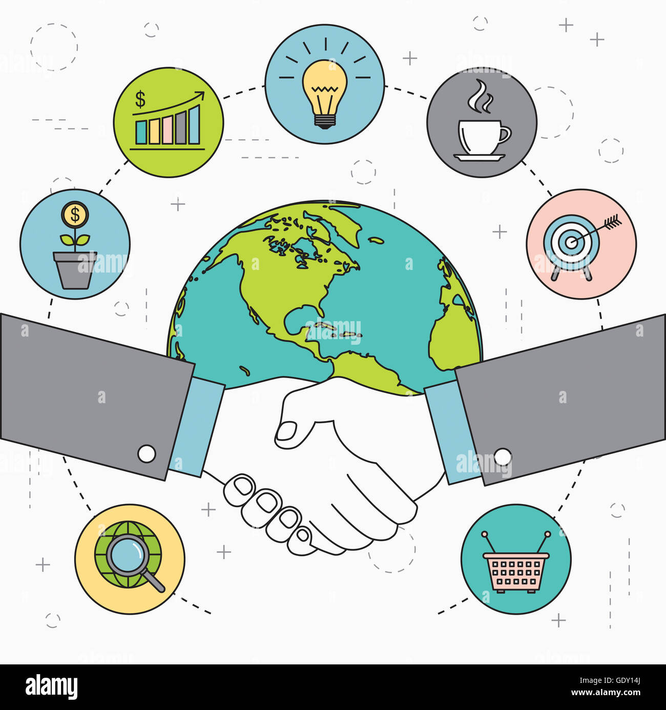 Hands making a shake with a globe and icons of elements related to ...