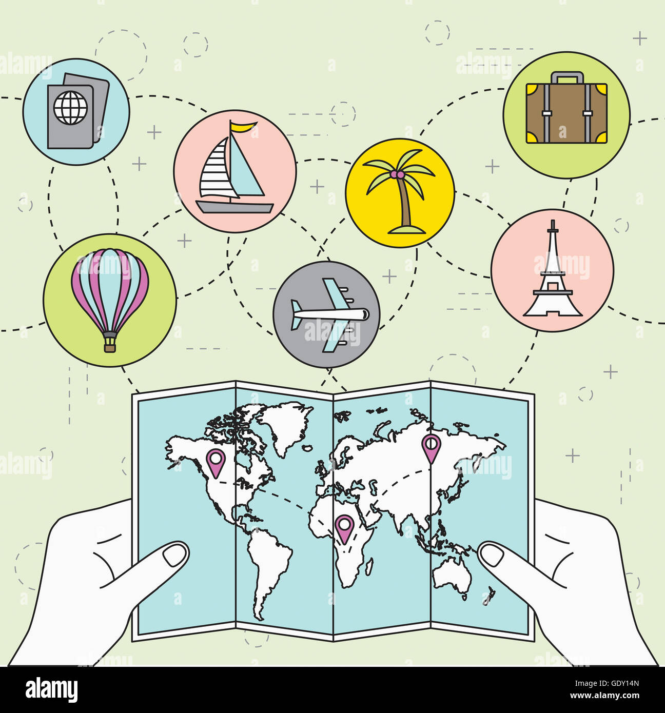 Hands holding a world map with icons related to overseas travel Stock ...