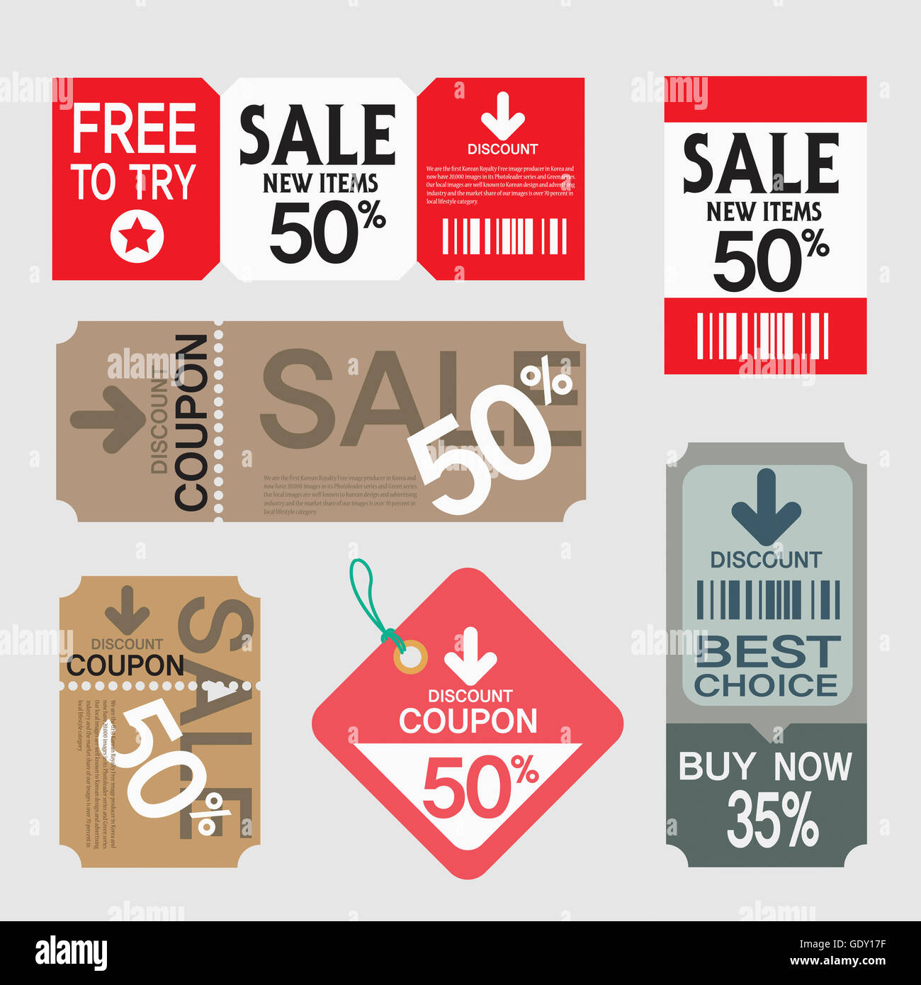 Set of various coupons and tags with sale signs and barcodes Stock ...