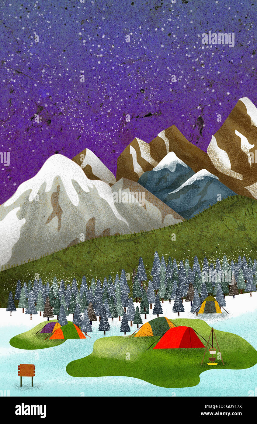 View of snowy campground at night Stock Photo - Alamy