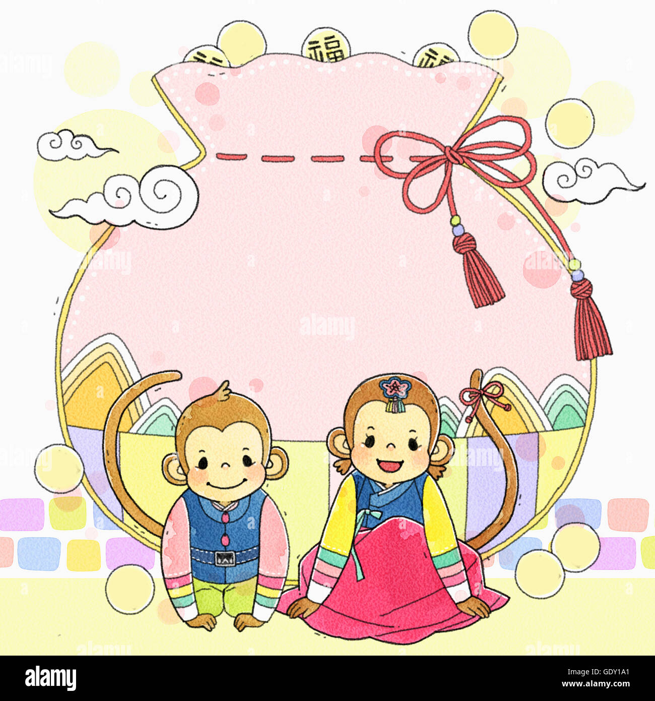 Background of new year 2016 with monkeys in traditional Korean clothes ...