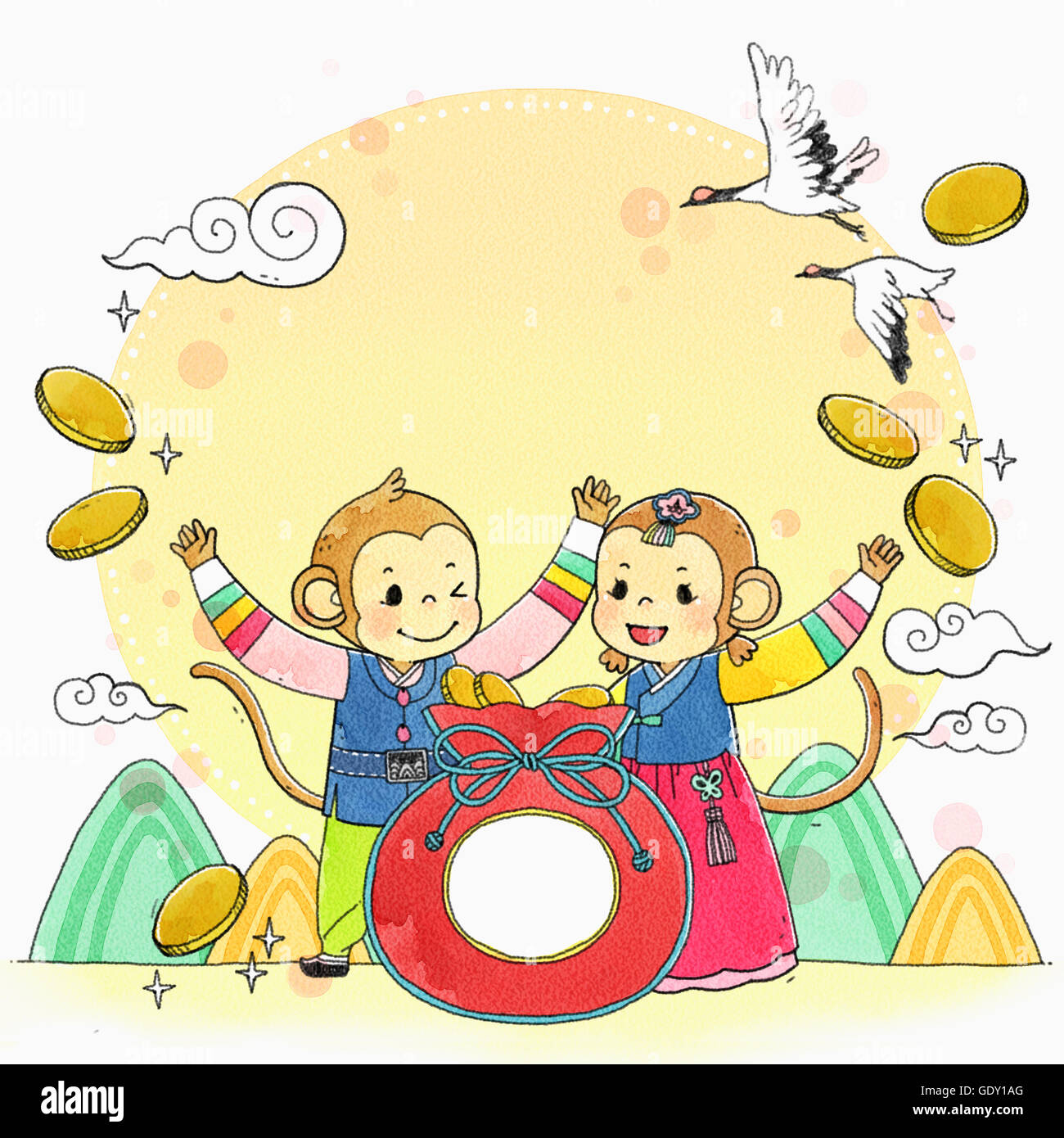 Background of new year 2016 with monkeys in traditional Korean clothes ...