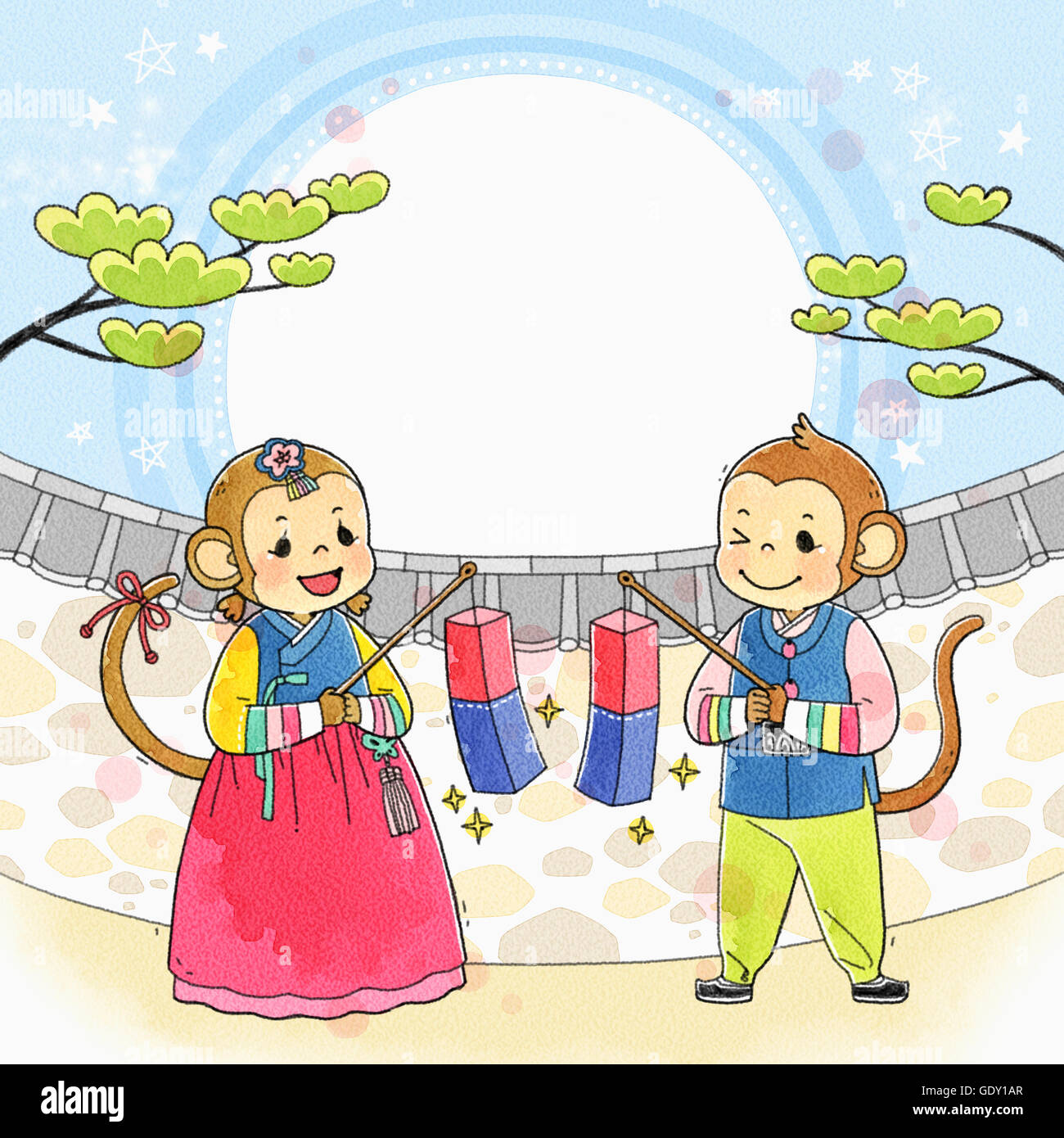 Background of new year 2016 with monkeys in traditional Korean clothes ...