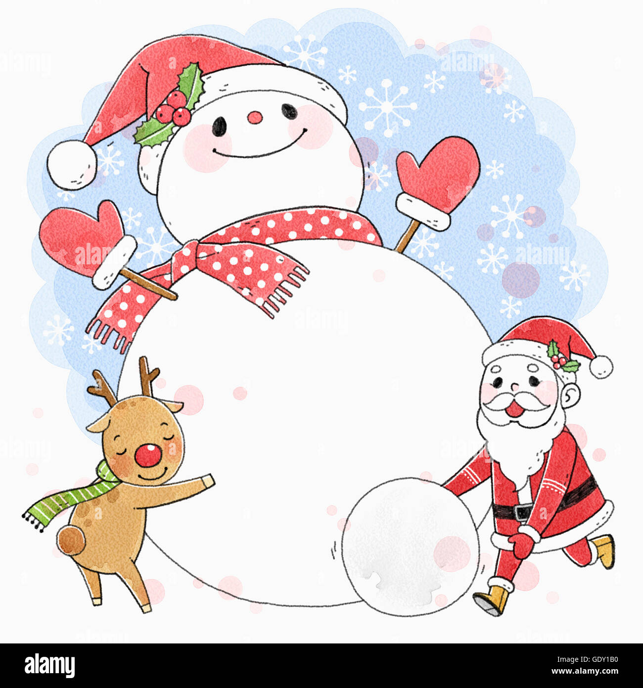 Santa and reindeer making a snowman Stock Photo - Alamy
