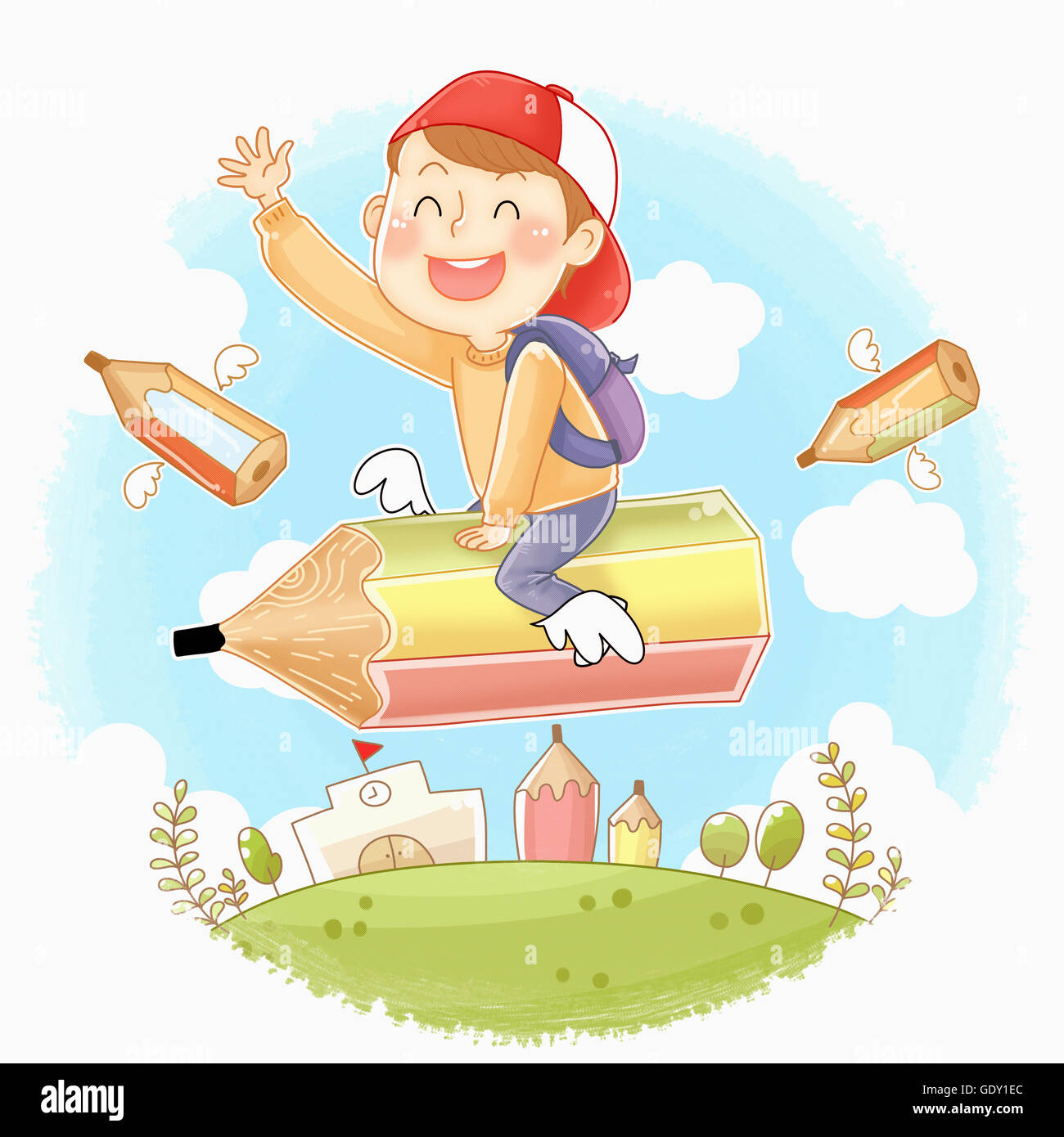 Smiling boy flying on pencil hi-res stock photography and images - Alamy