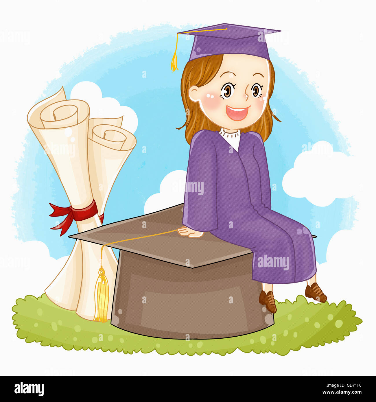 Smiling female graduate sitting Stock Photo - Alamy