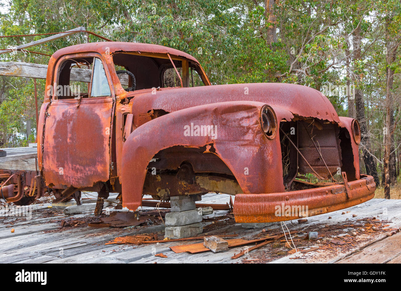 A rusting truck, known locally as a Ute, parked at Rosa Brook, in the ...
