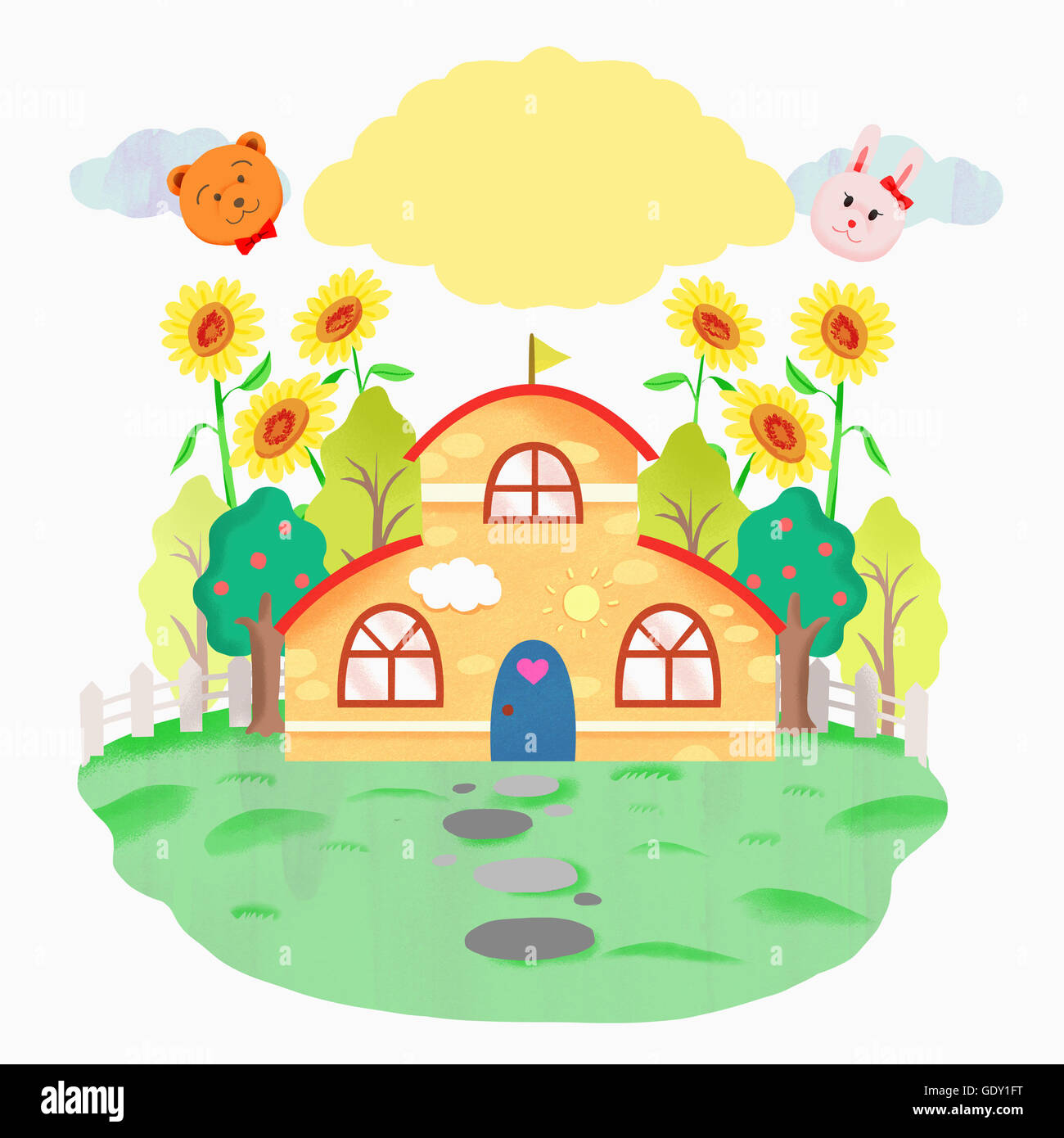 View of kindergarten with faces of bear and rabbit Stock Photo - Alamy