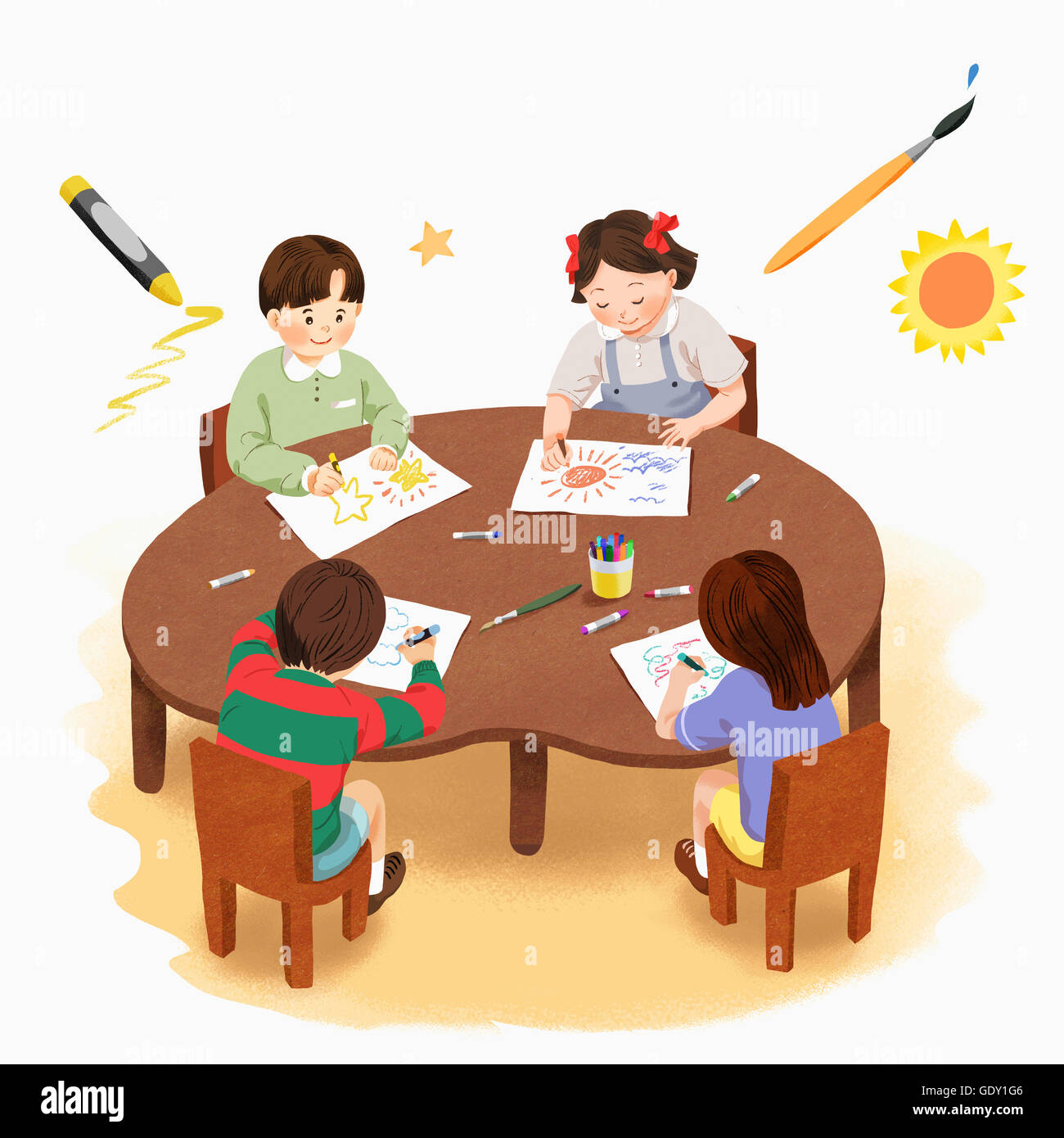 Four kindergarten children drawing pictures Stock Photo - Alamy