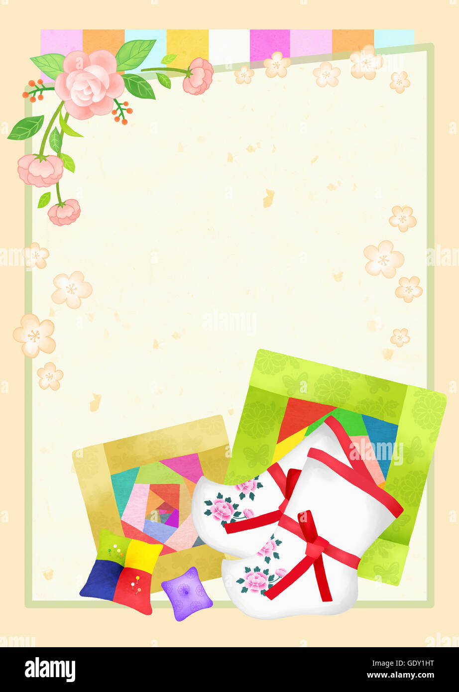 Frame with traditional Korean objects and flowers Stock Photo - Alamy