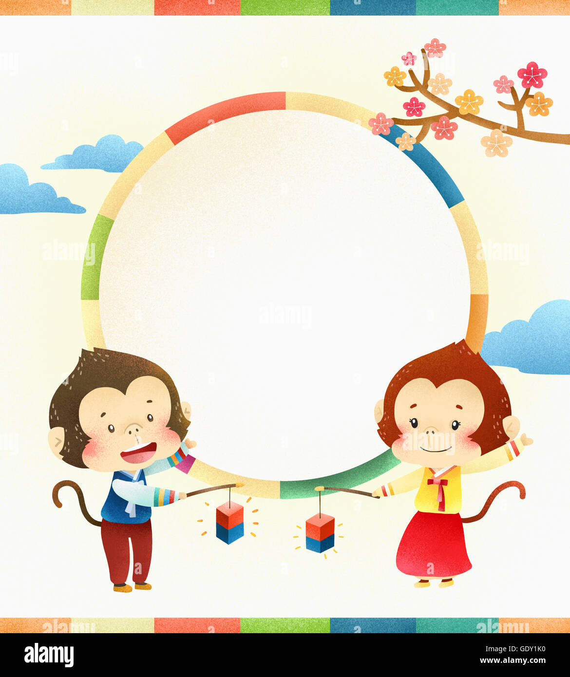 Background of new year with monkeys in traditional Korean clothes ...