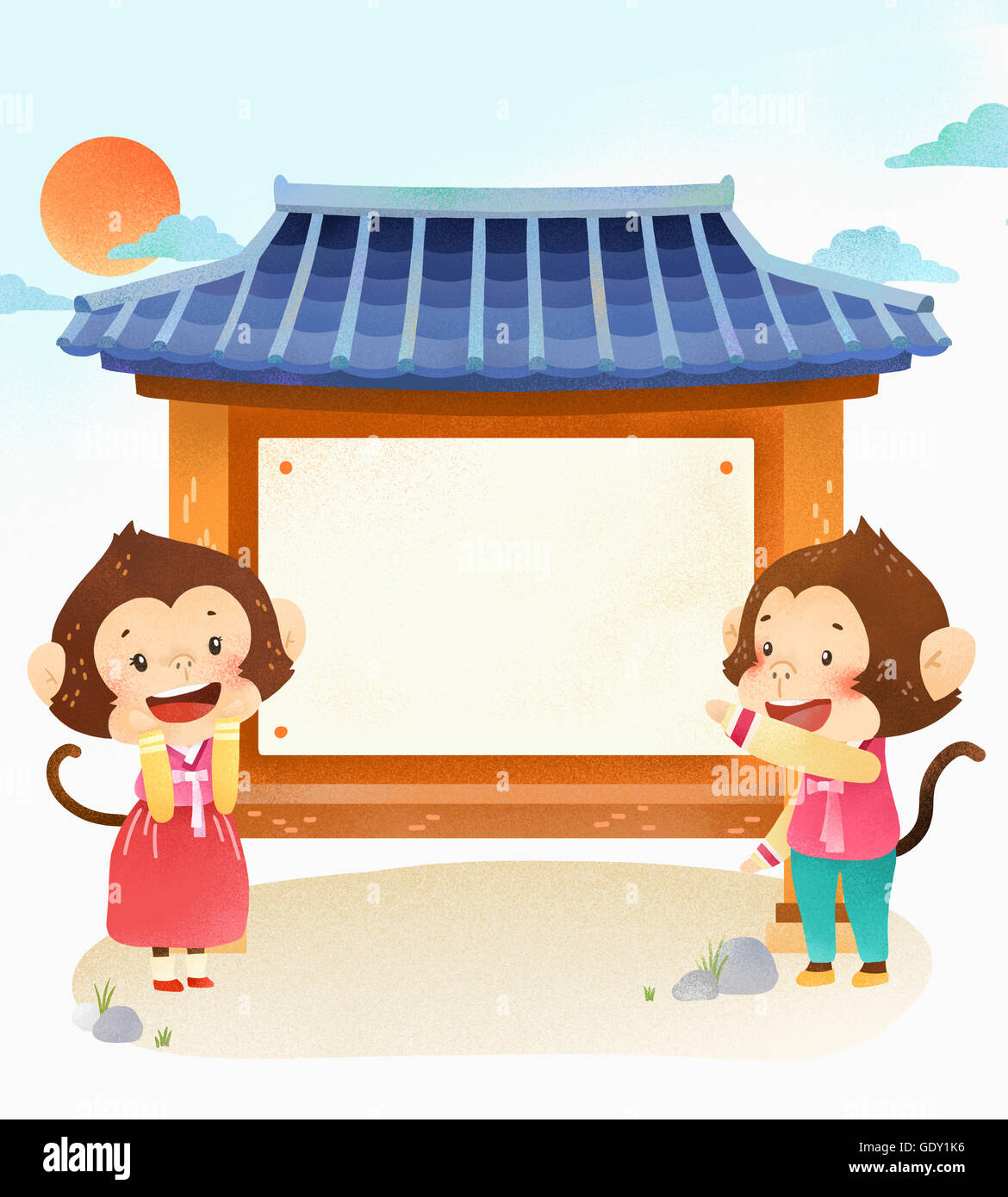 Background of new year with frame and monkeys in traditional Korean ...