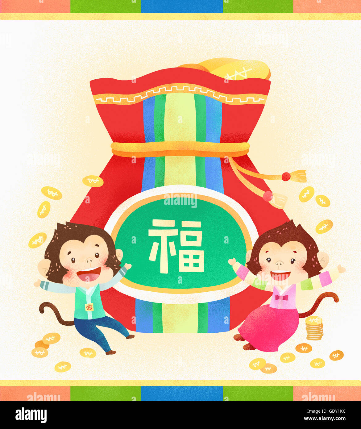 Background of new year with smiling monkeys in traditional Korean ...