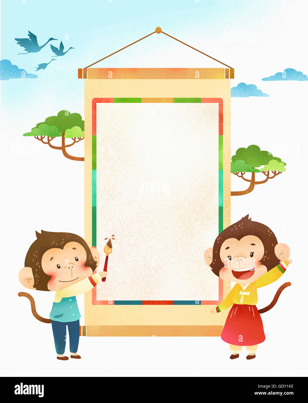 Background of new year with smiling monkeys in traditional Korean ...
