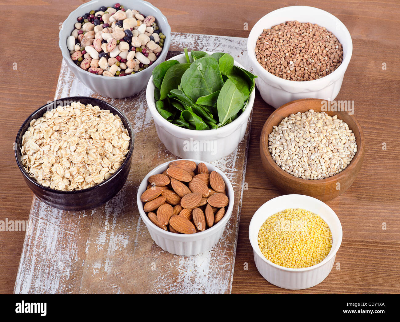 Food Sources of Silicon on a wooden table. Healthy eating. Top view ...