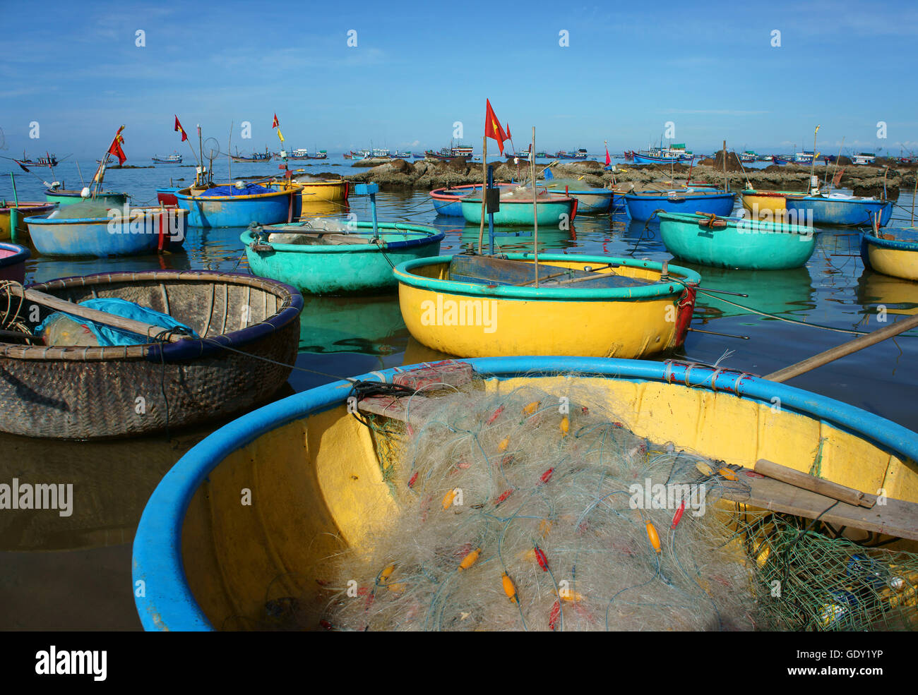 Great landscape of Asian country, colorful Vietnamese beach with group ...