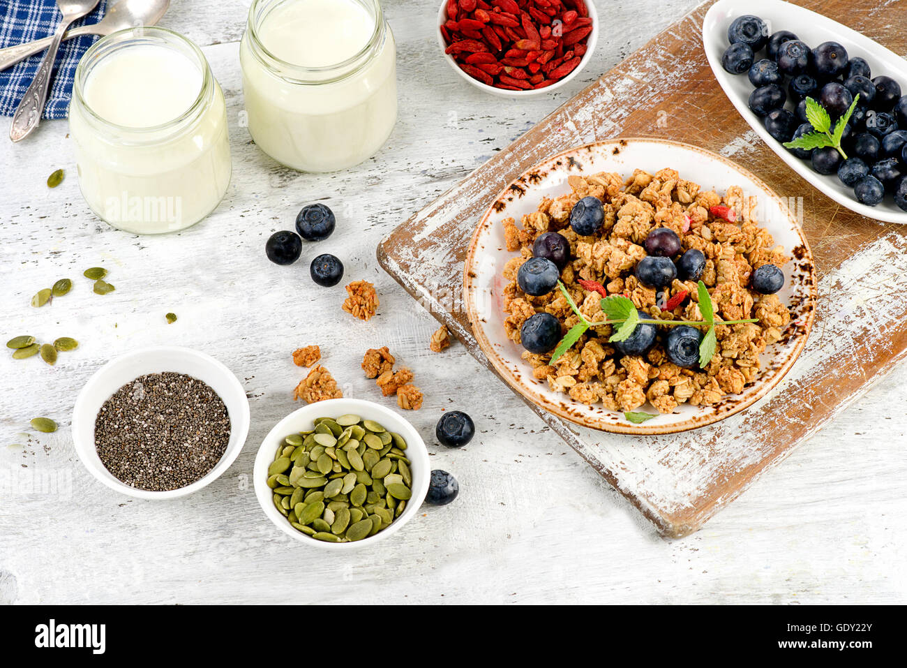 Healthy diet Breakfast on wooden table. Top view Stock Photo - Alamy