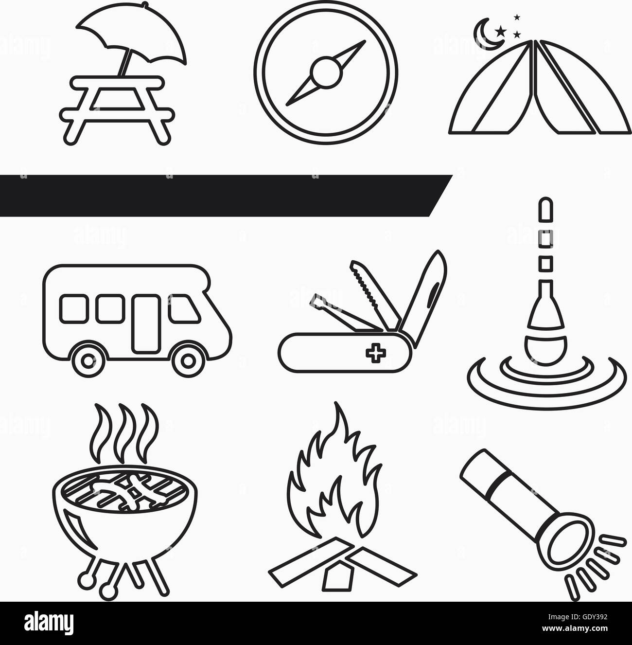 Set of various line icons related to camping Stock Photo - Alamy