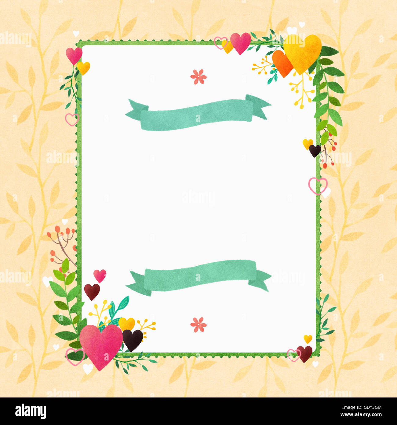 Rectangle frame with ribbon, hearts and plants Stock Photo - Alamy