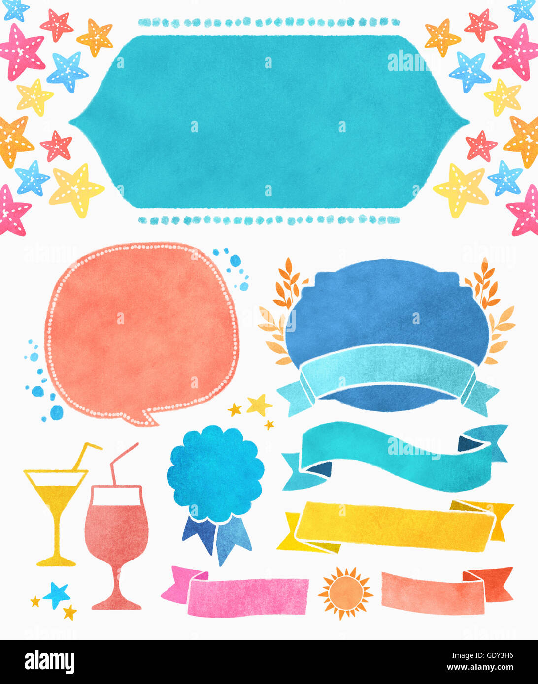 Set of various labels with starfish, speech balloon, ribbons and ...