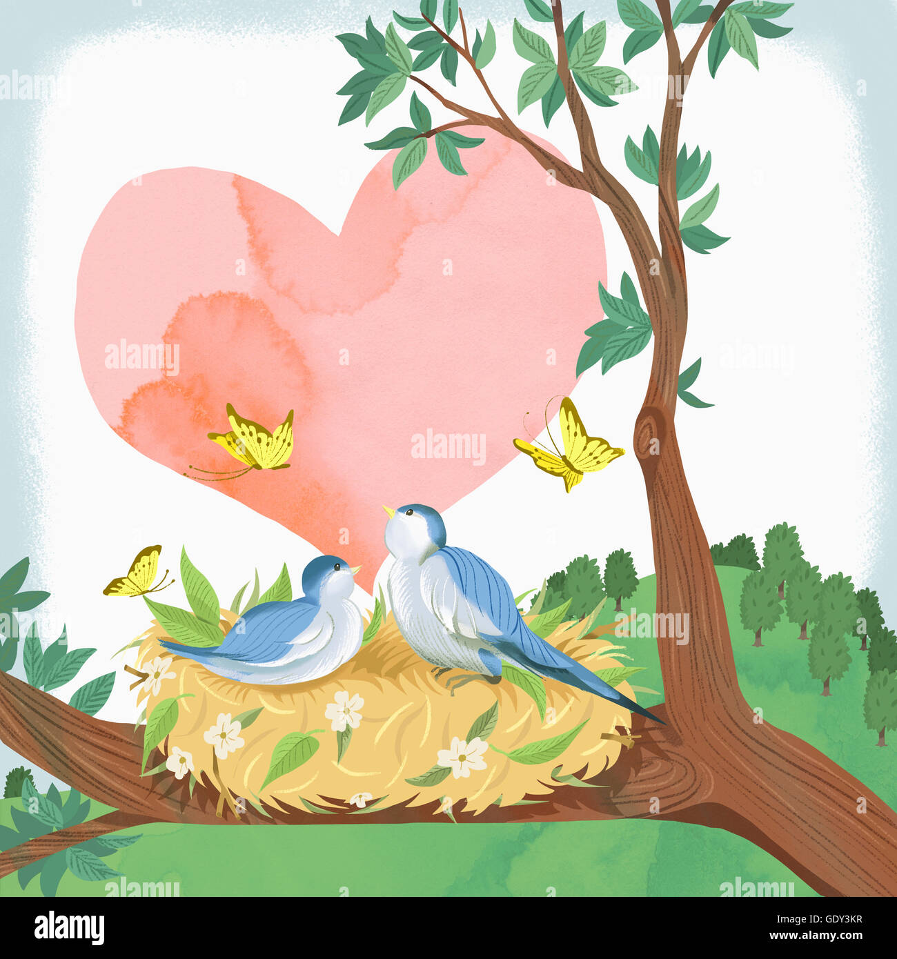 Background of spring with birds in nest and heart Stock Photo - Alamy