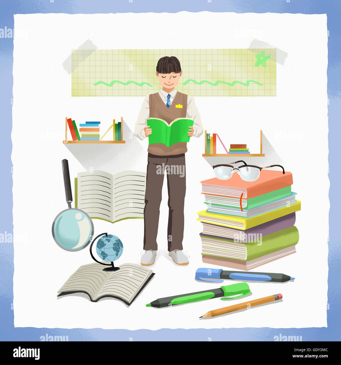 School boy standing reading a book Stock Photo - Alamy