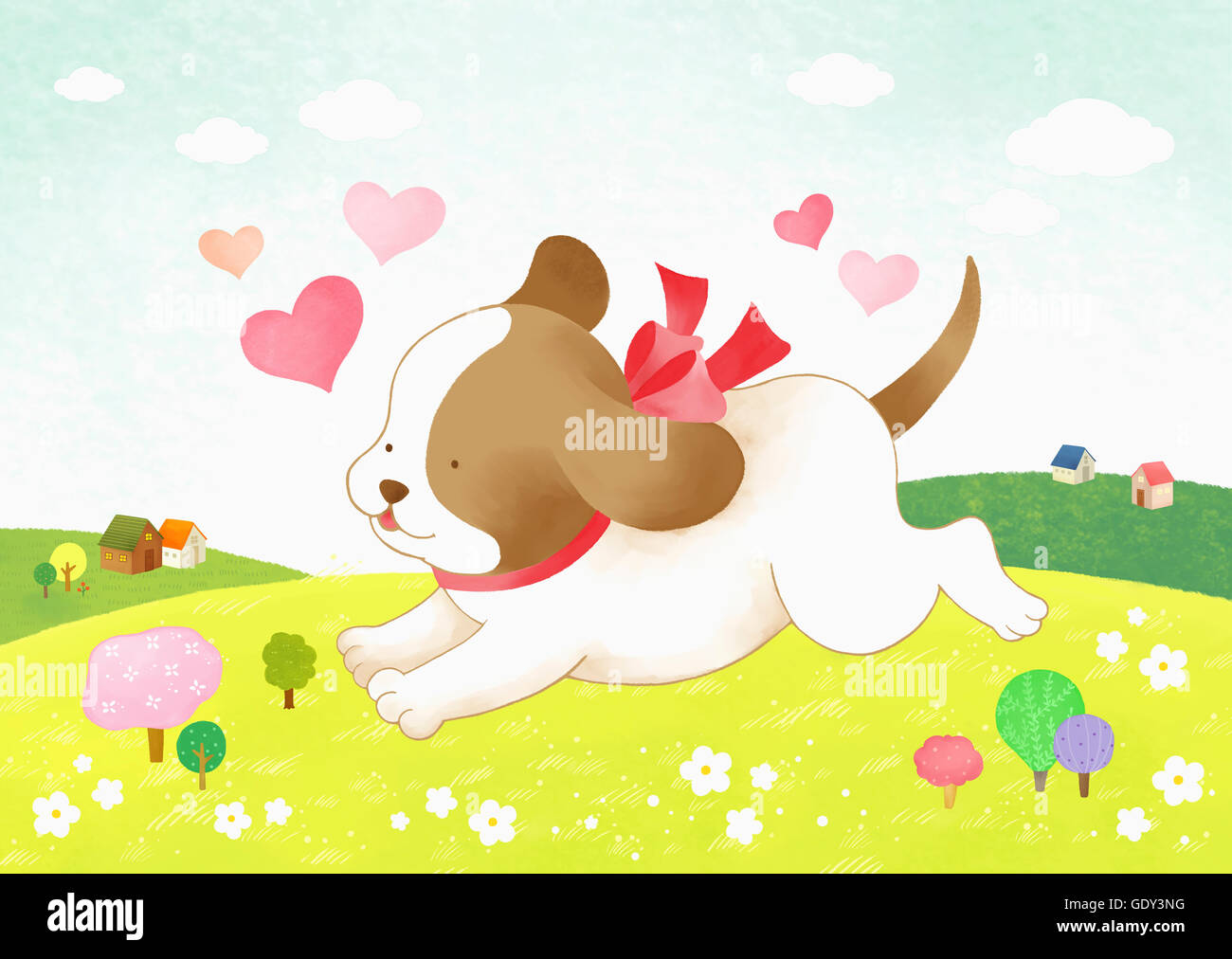 One pet puppy running on grassland Stock Photo - Alamy