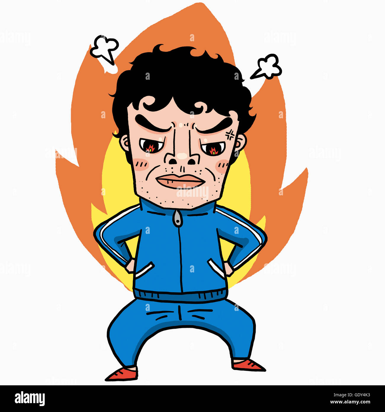 Angry man in blue jogging suit standing with his hands on his waist ...