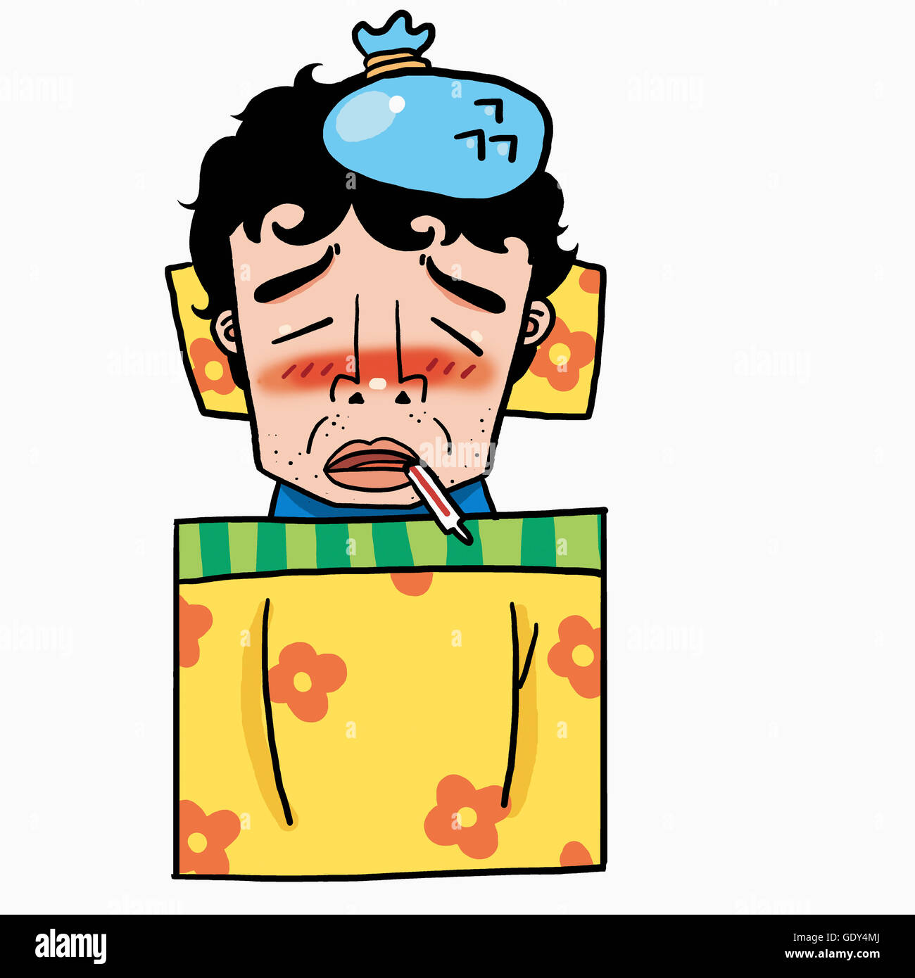 Sick man lying down with icepack on his forehead Stock Photo - Alamy