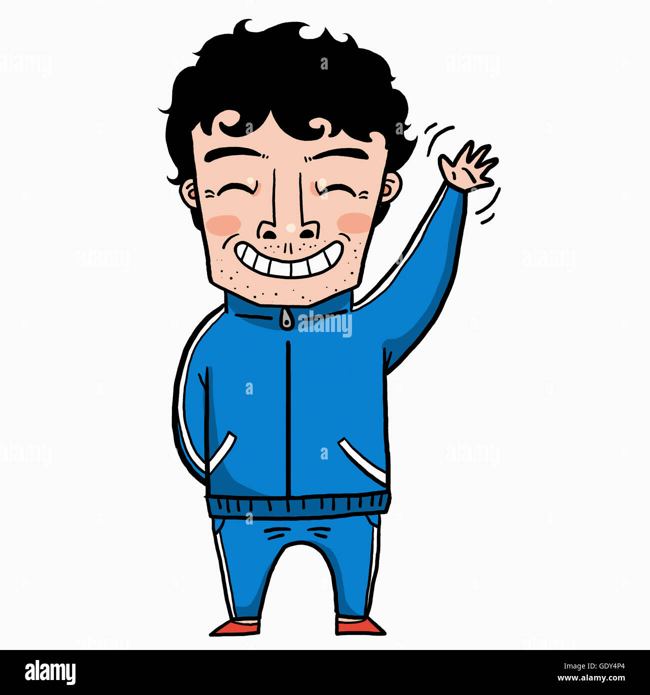 Smiling man in blue jogging suit standing waving a hand Stock Photo - Alamy