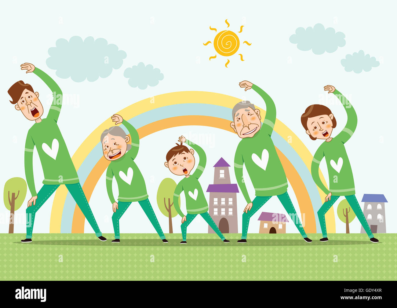 Harmonious three generations family exercising Stock Photo - Alamy