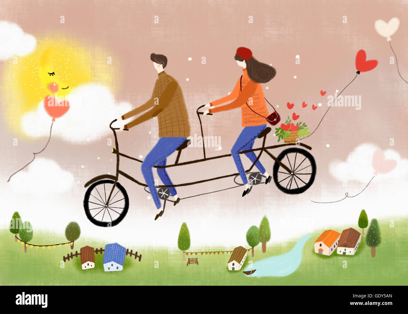 Side view of romantic couple riding a.bicycle together Stock Photo - Alamy